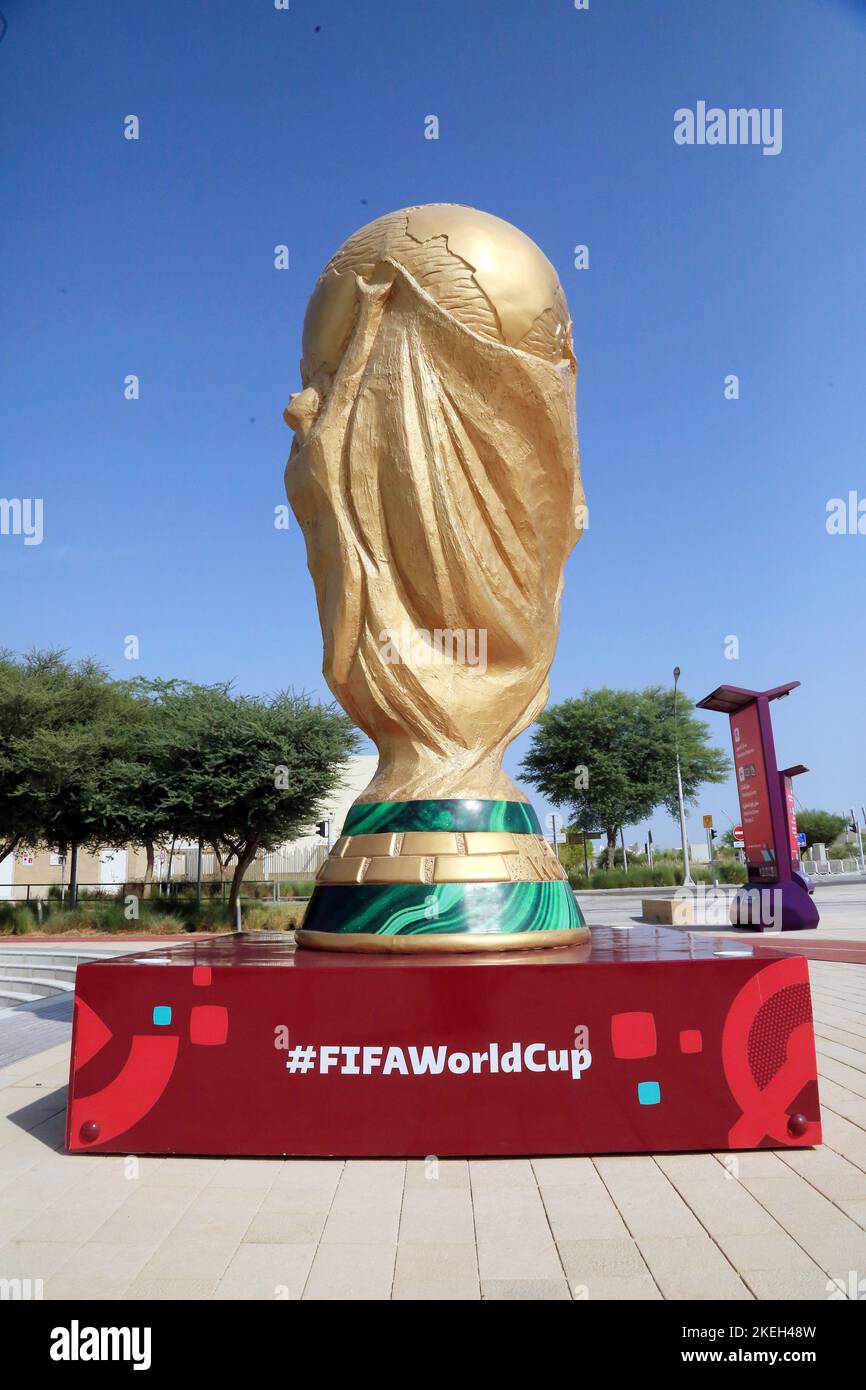 Doha, Qatar. 12th Nov, 2022. A Replica of the FIFA Cup is placed at the ...