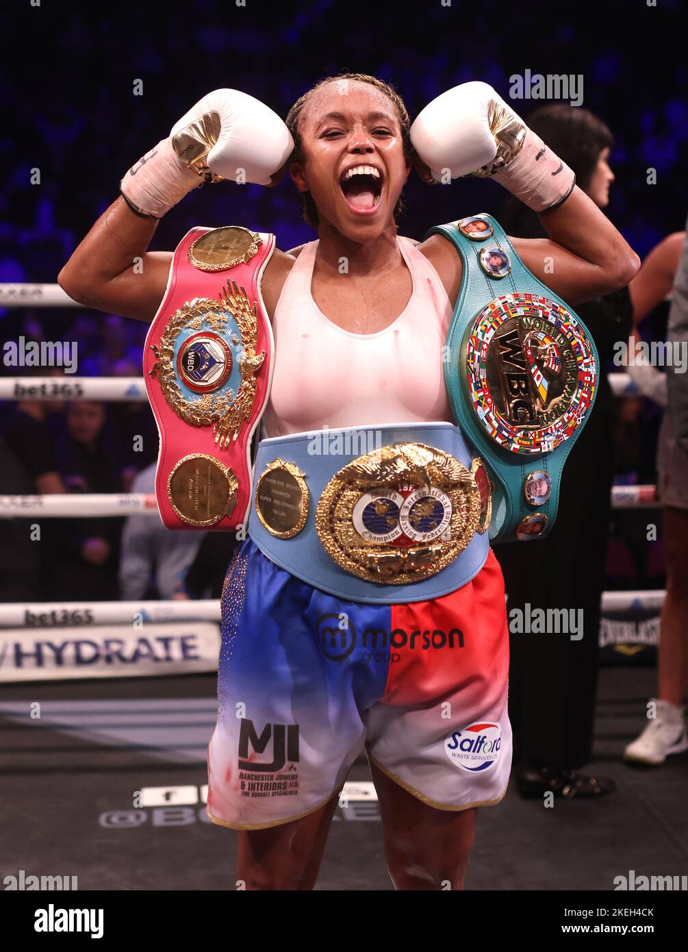 Natasha Jones celebrates victory against Marie-Eve Dicaire in the IBF ...