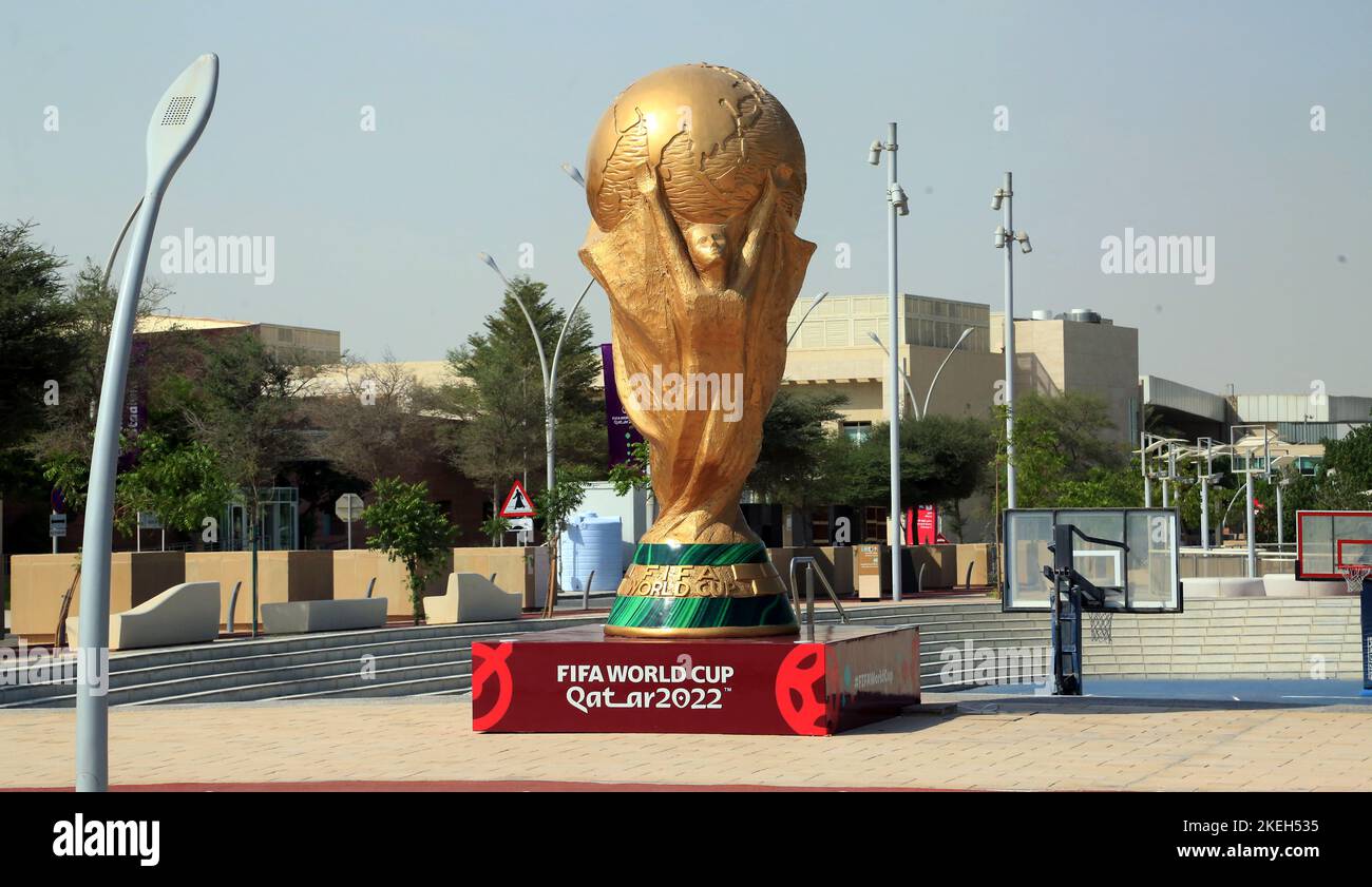 Doha, Qatar. 12th Nov, 2022. A Replica of the FIFA Cup is placed at the ...