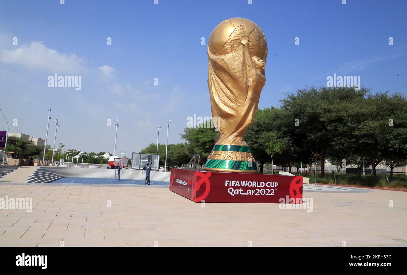 Doha, Qatar. 12th Nov, 2022. A Replica of the FIFA Cup is placed at the ...