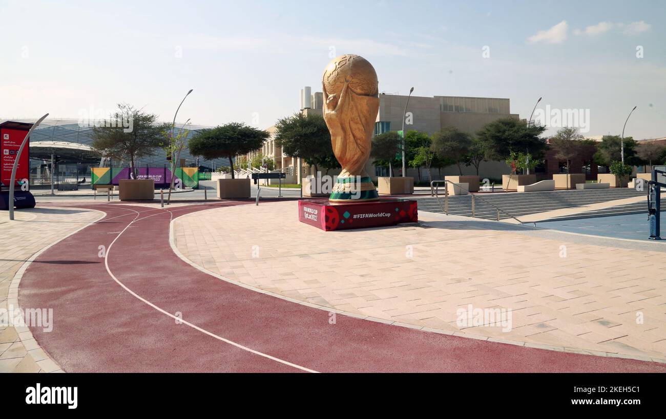 Doha, Qatar. 12th Nov, 2022. A Replica of the FIFA Cup is placed at the ...