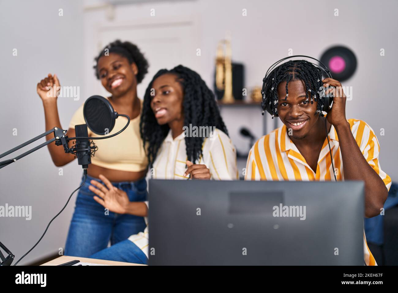 African american friends musicians group singing song at music studio ...