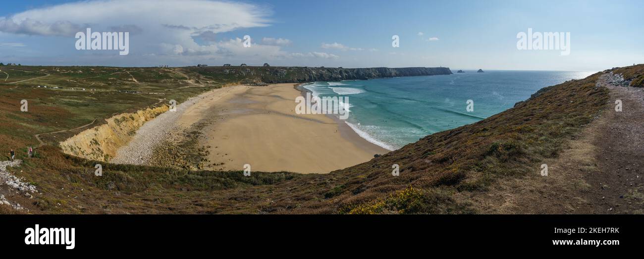 Panorama of beach Plage de Pen Hat with coastline of Pointe de Pen-Hir ...