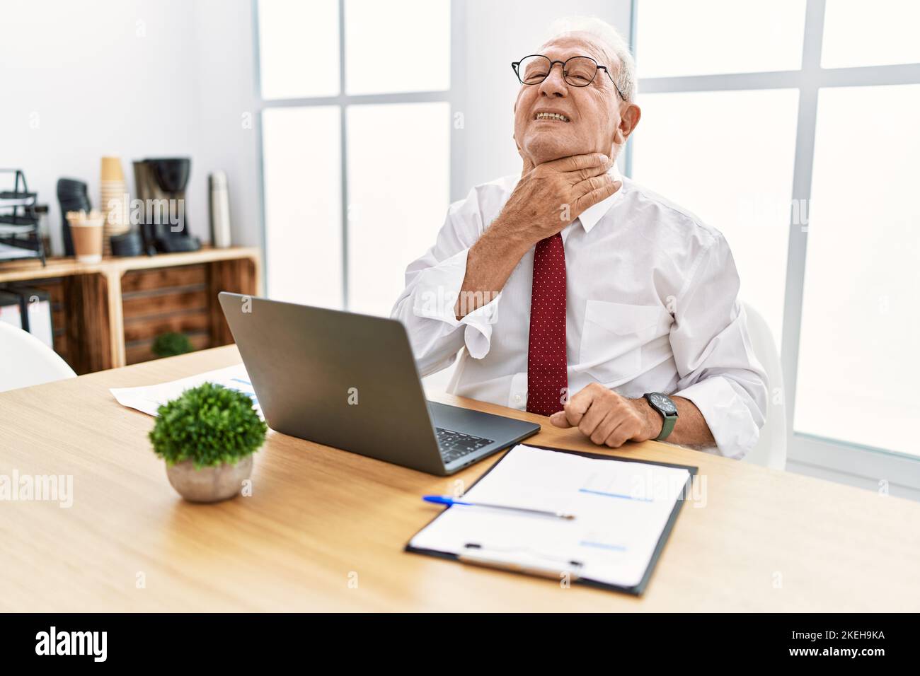 Senior man working at the office using computer laptop touching painful ...