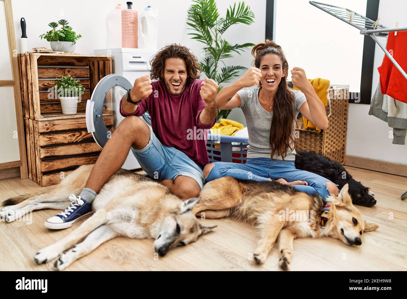 Young hispanic couple doing laundry with dogs angry and mad raising fists frustrated and furious ...