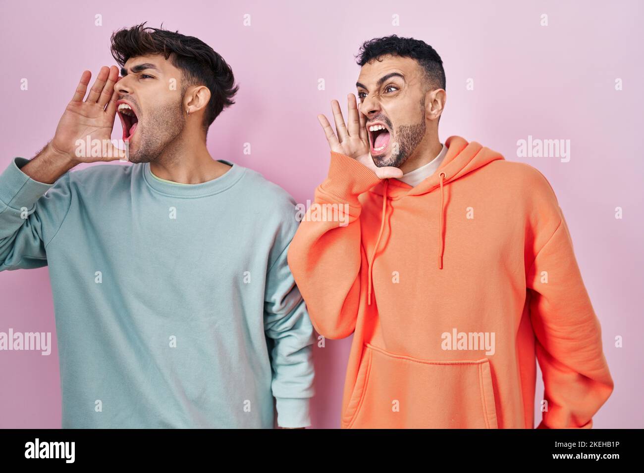 Young hispanic gay couple standing over pink background shouting and ...