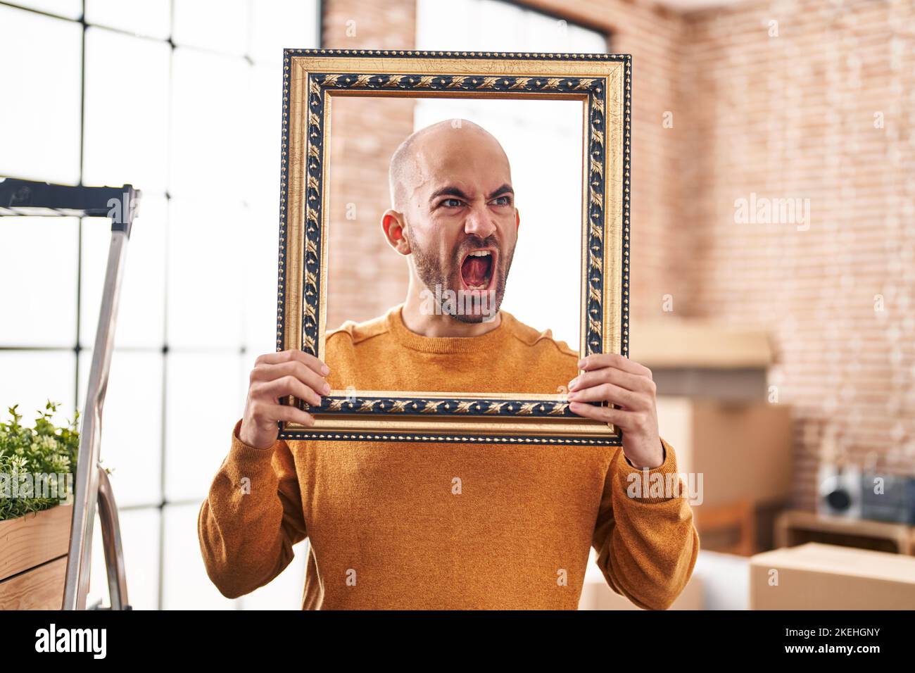 Young bald man with beard moving to a new home putting face inside ...
