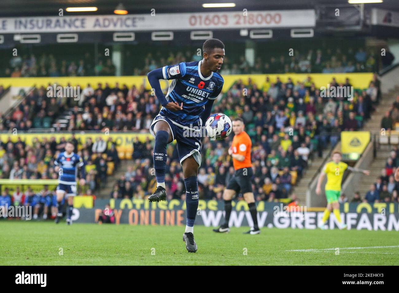 Isaiah Jones #2 of Middlesbrough controls the ball during the Sky Bet ...