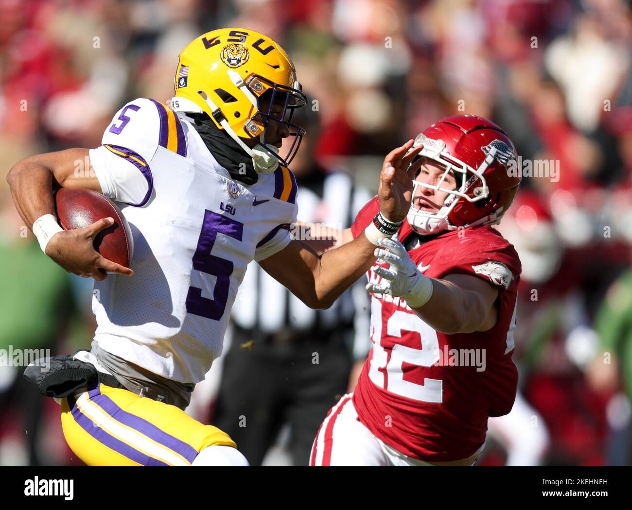 November 12, 2022: LSU QB Jayden Daniels #5 attempts to escape Arkansas ... November 12, 2022: LSU QB Jayden Daniels #5 attempts to escape Arkansas ...