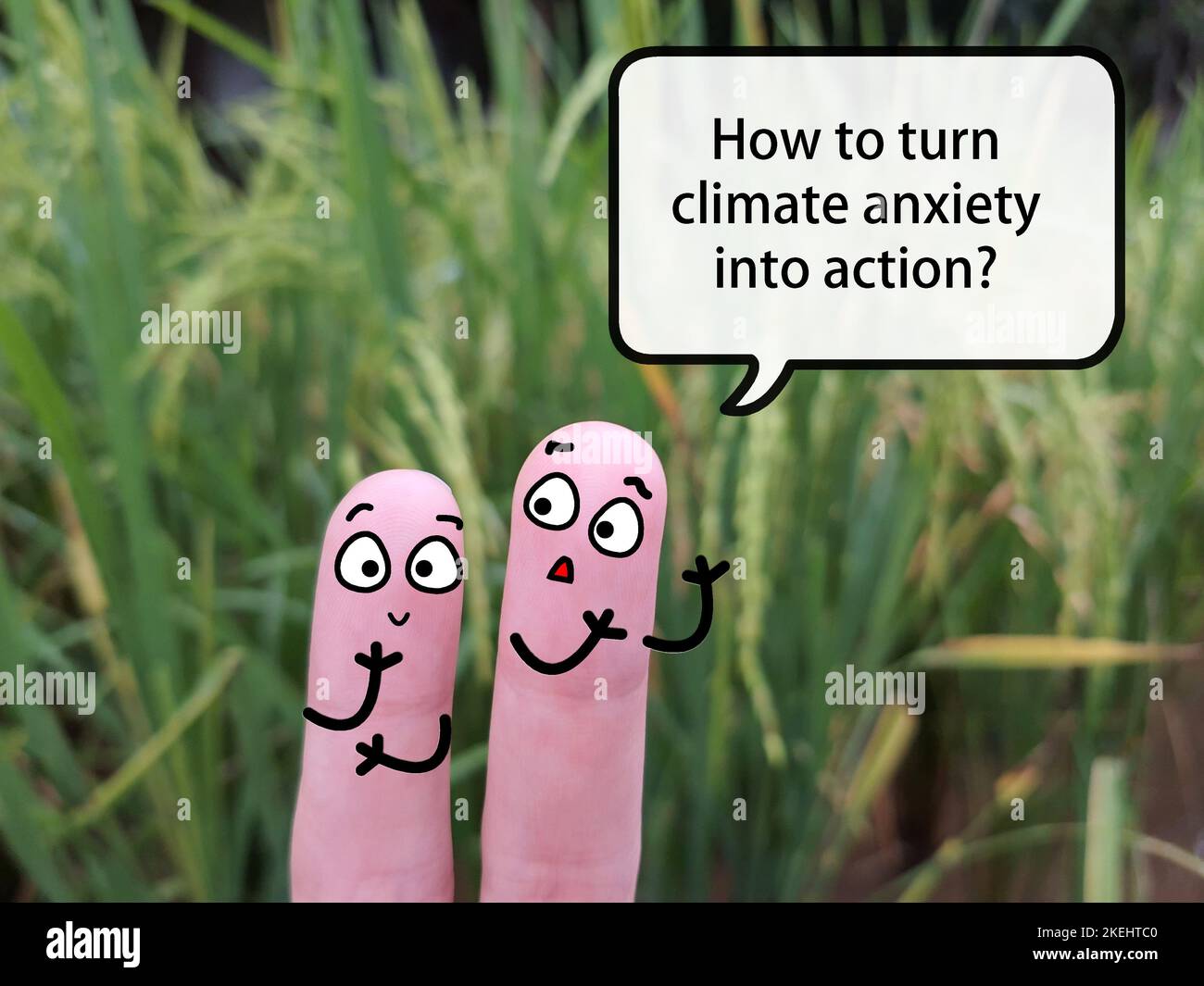 Two fingers are decorated as two person. They are discussing about ...