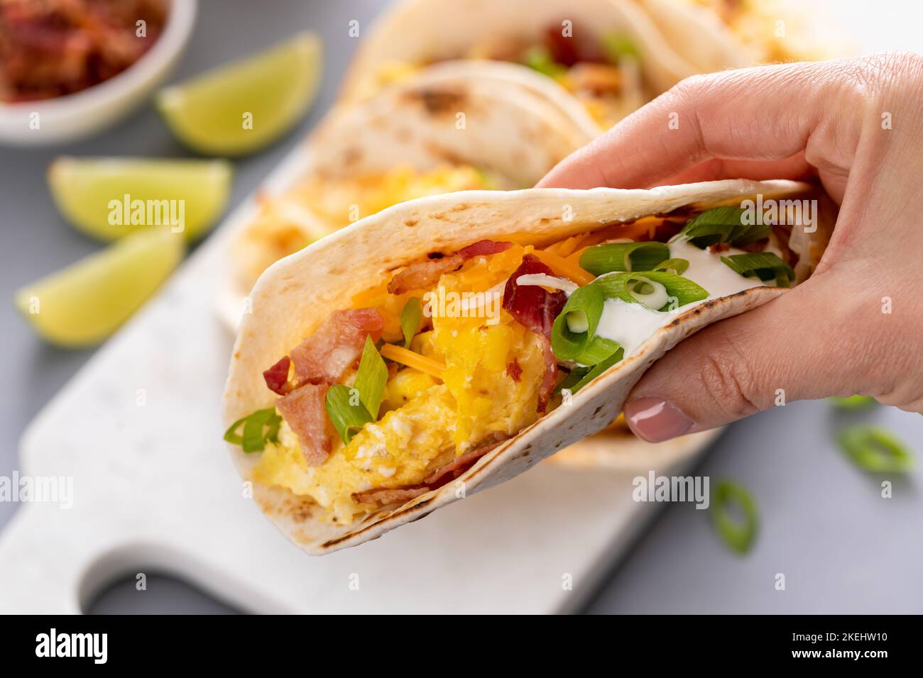 Breakfast tacos with hashbrowns, eggs and bacon Stock Photo - Alamy