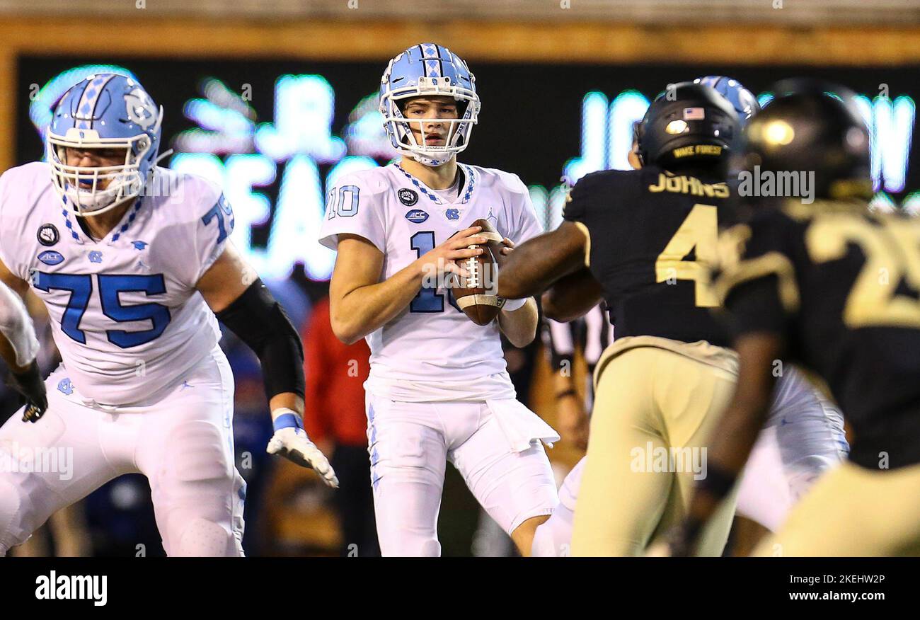 November 12, 2022: North Carolina freshman Drake Maye (10) goes back in ...