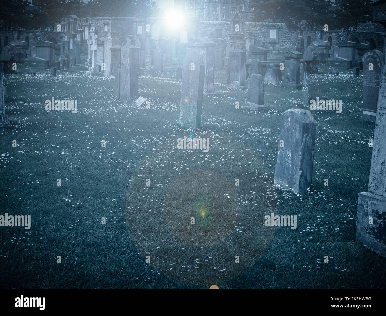 Graveyard with old tombstones,with lens flare and spooky effect Stock ...