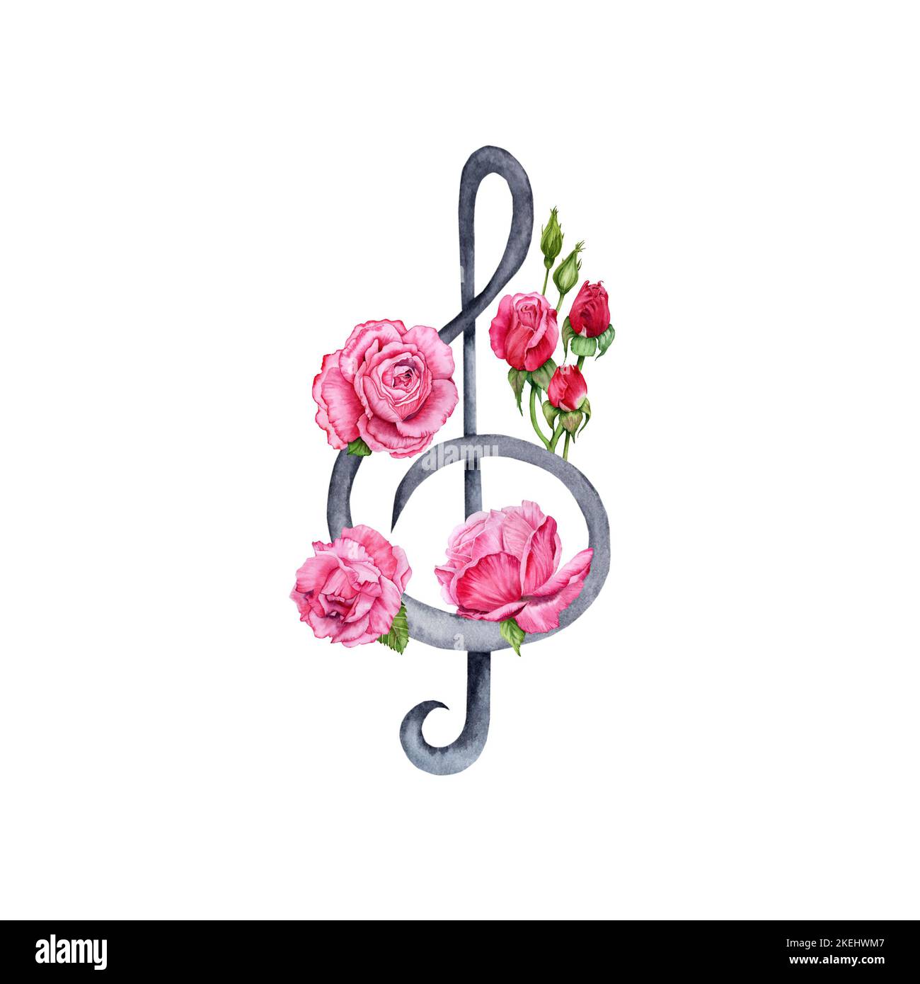 Classical Music Treble Clef decorated with Roses watercolor ...