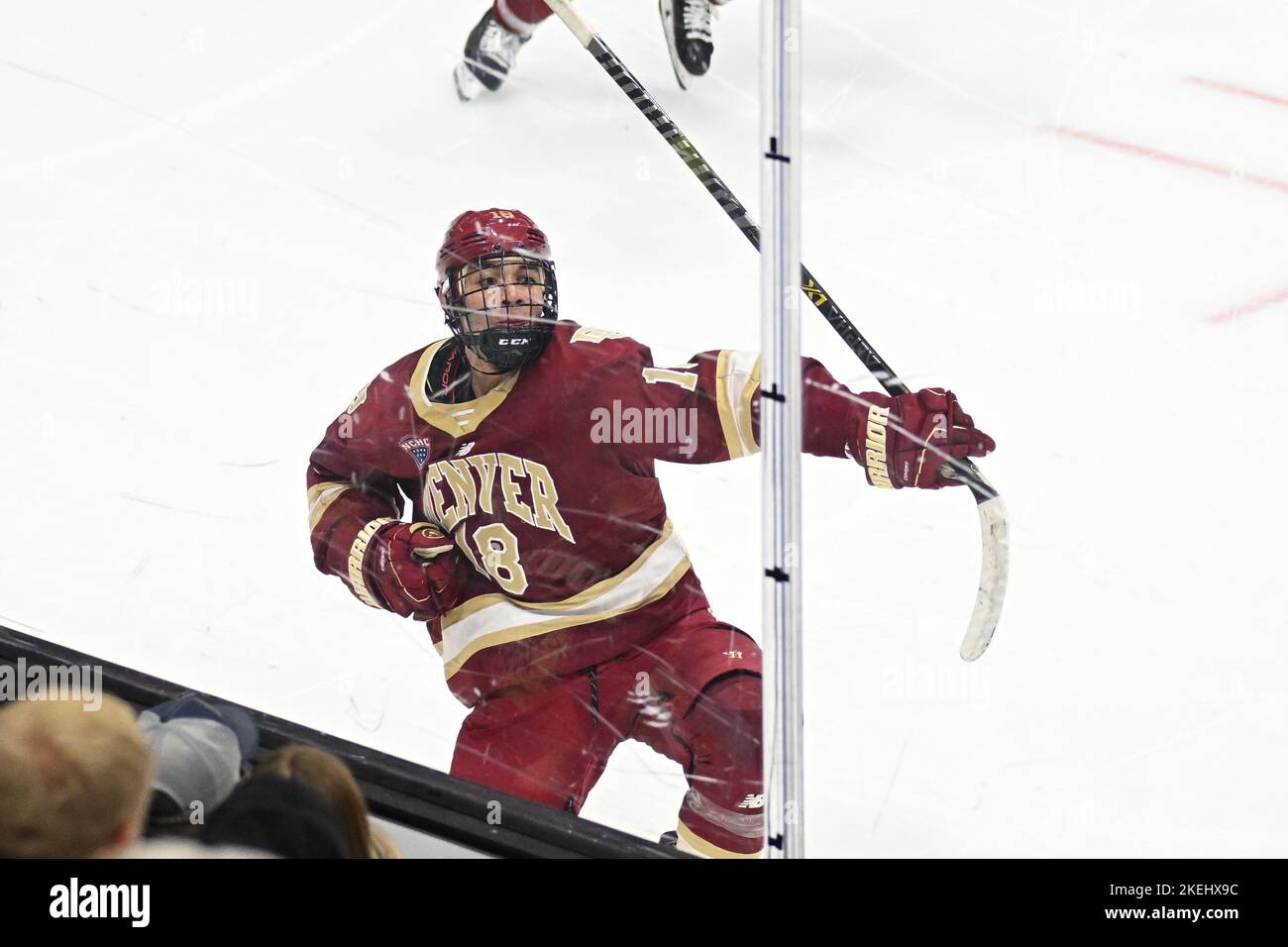 Denver Pioneers forward Jared Wright (18) celebrates after scoring a ...