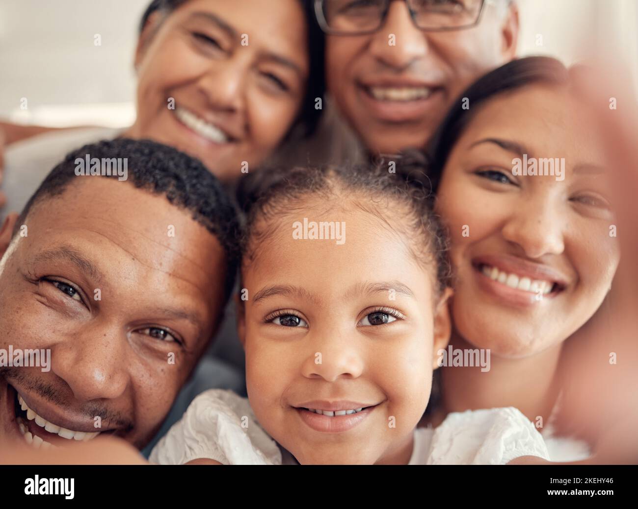 Happy family, portrait and smile for home selfie together relaxing ...