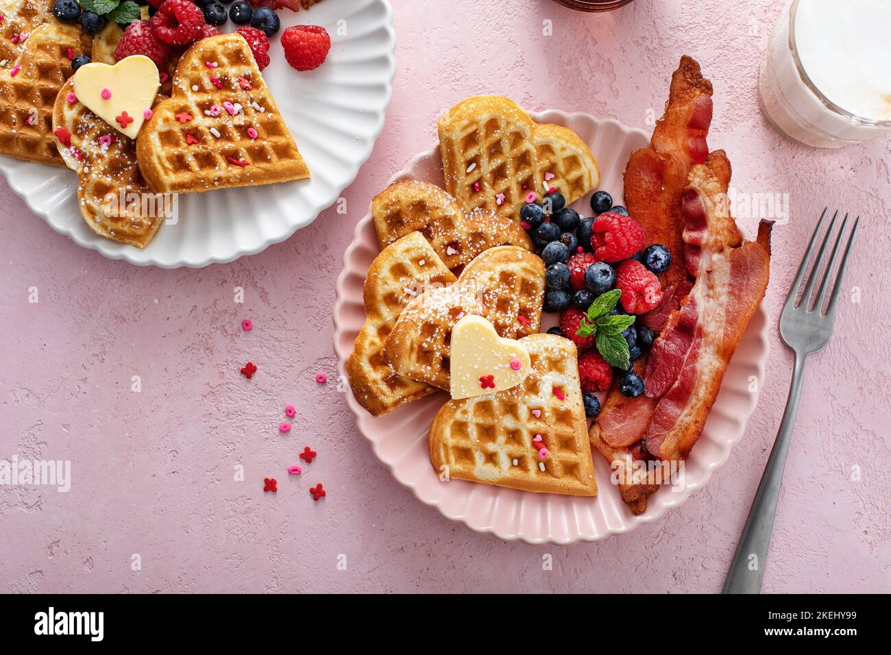Valentines day breakfast for two with waffles heart shaped Stock Photo ...