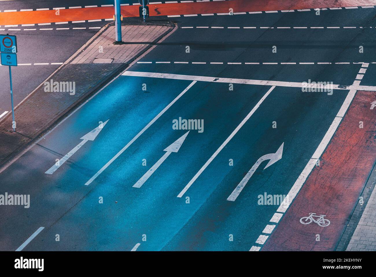 Aerial view of the road markings with arrows regulating the lanes for ...