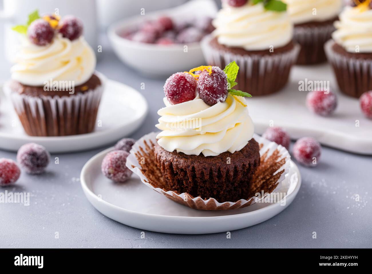 Sugared cranberry and orange chocolate cupcakes with cream cheese ...