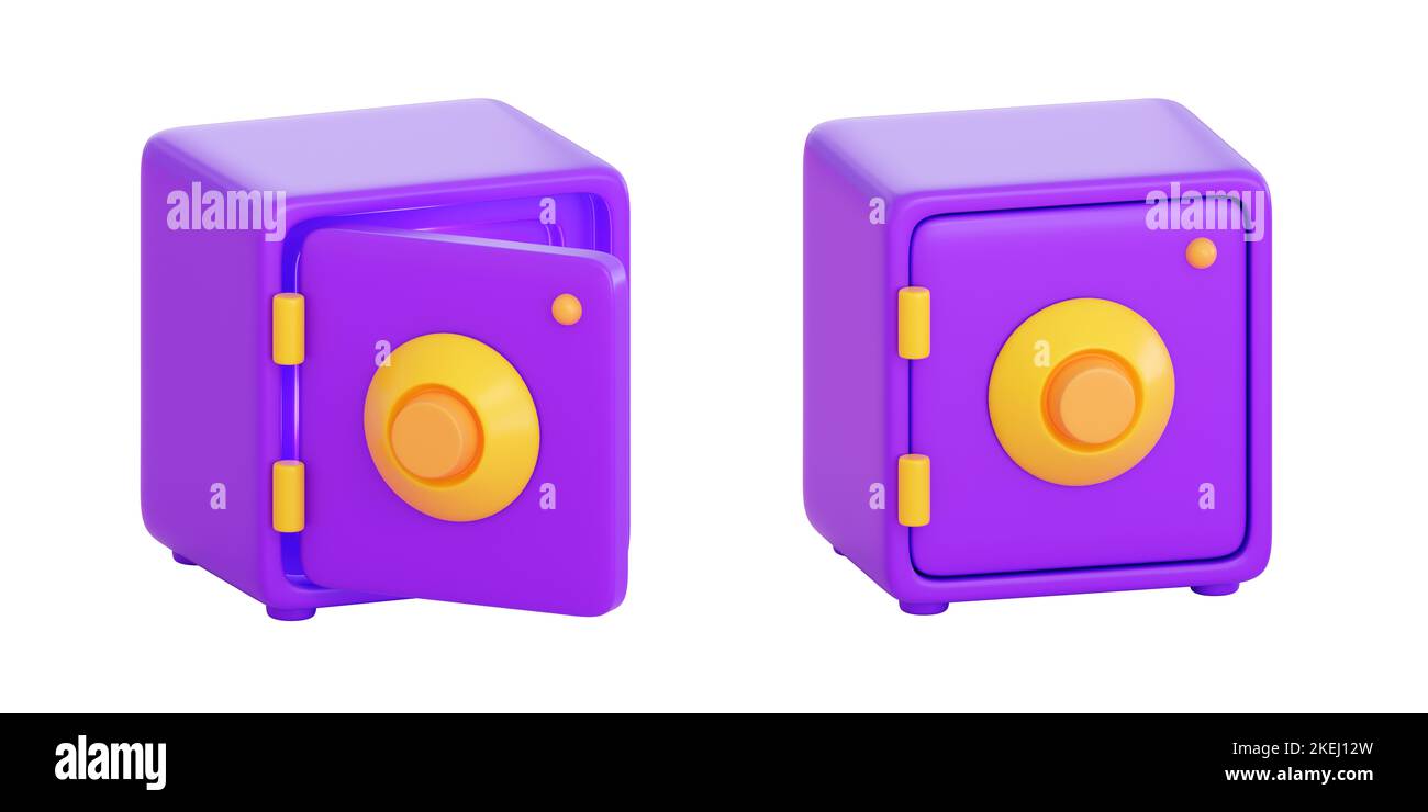 3d safe icons in plastic style set. Open and close door. Money, stock ...