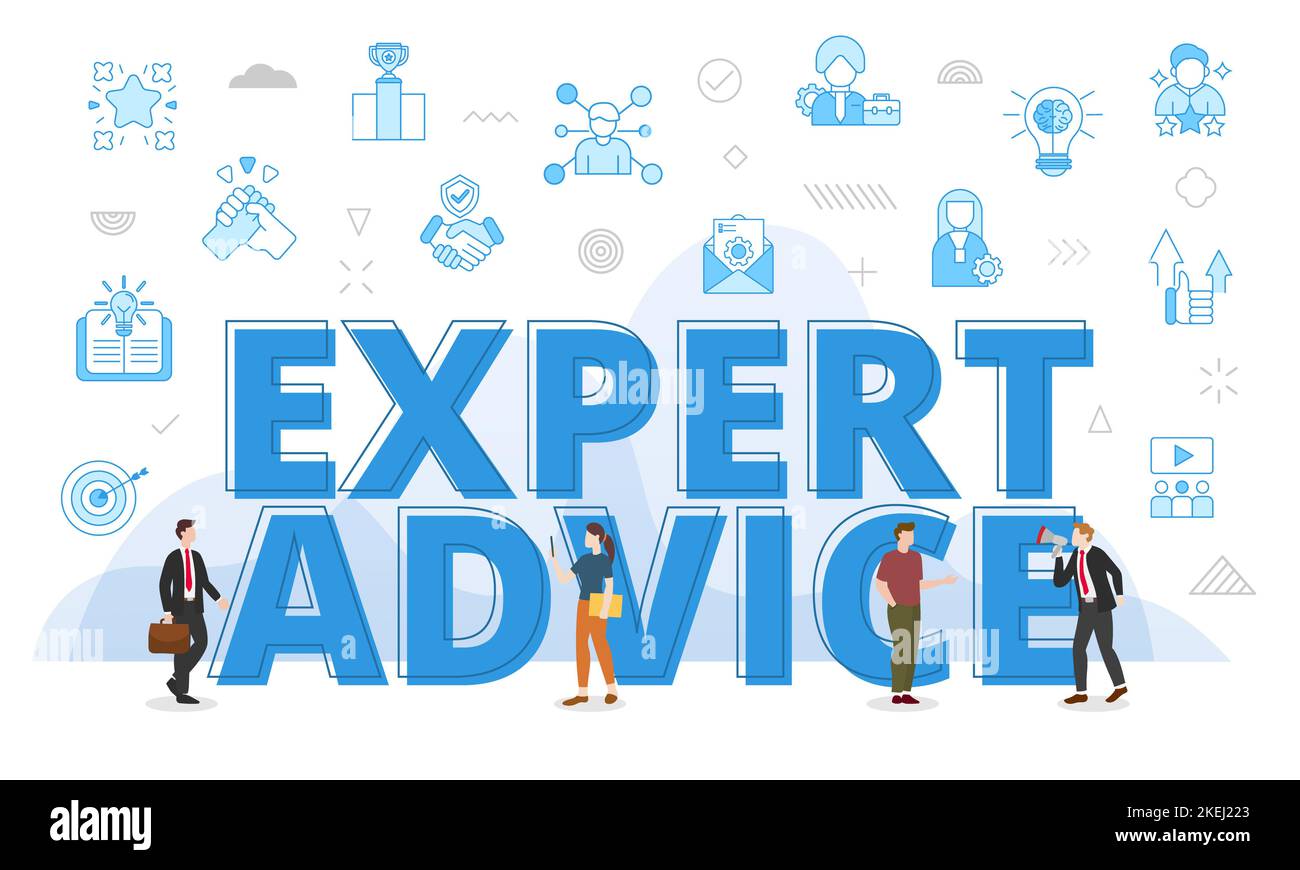 expert advice concept with big words and people surrounded by related ...
