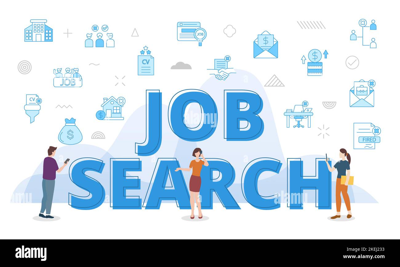 job search concept with big words and people surrounded by related icon ...