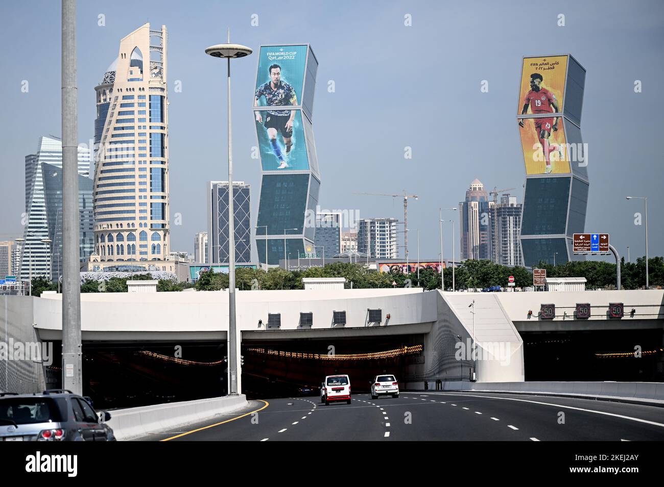 Doha, Qatar. 01st Nov, 2022. Posters can be seen on skyscrapers in ...