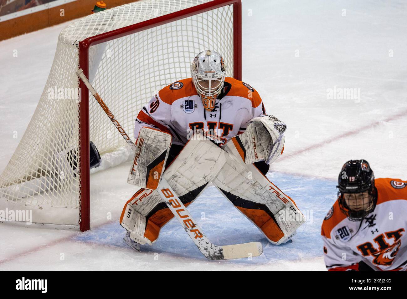 November 12, 2022: RIT Tigers goaltender Tommy Scarfone (30) prepares ...