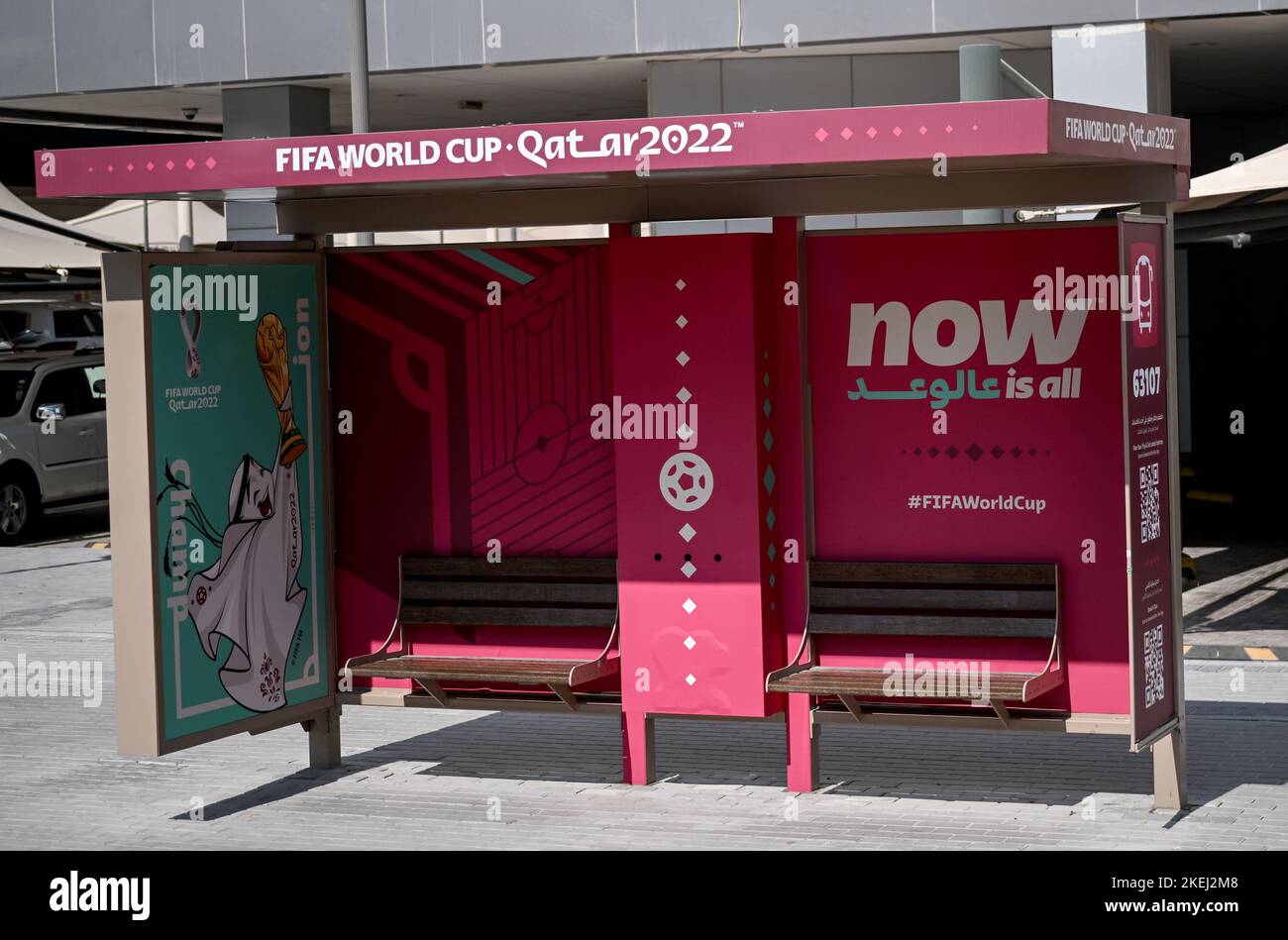 Doha, Qatar. 01st Nov, 2022. A bus stop foiled for the 2022 World Cup ...