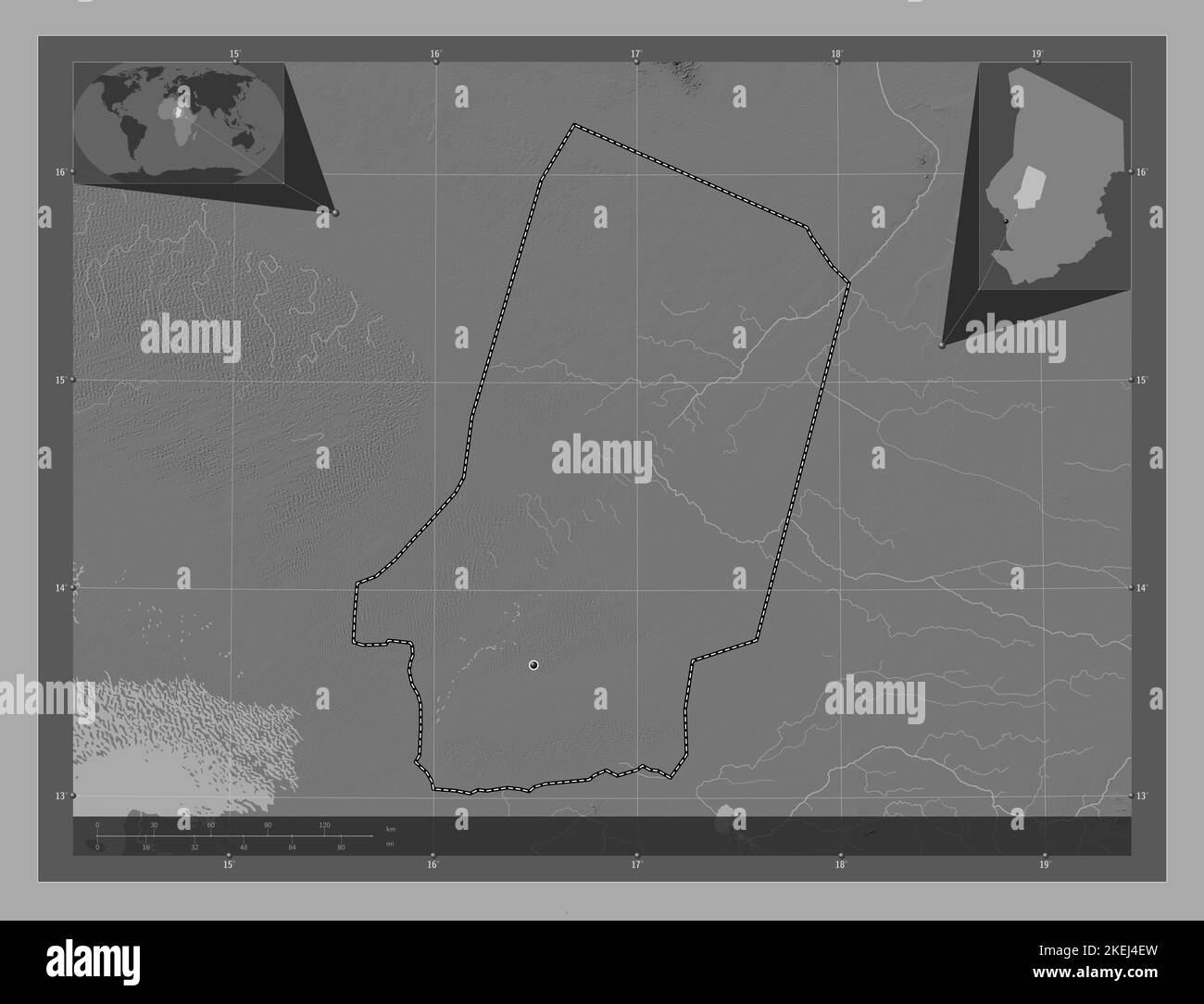 Barh el Ghazel, region of Chad. Bilevel elevation map with lakes and ...