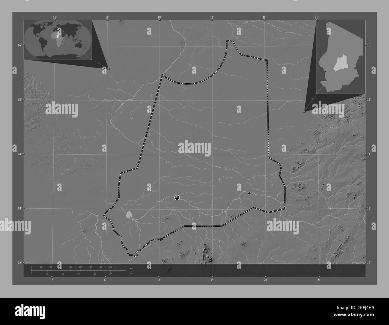 Batha, region of Chad. Bilevel elevation map with lakes and rivers ...