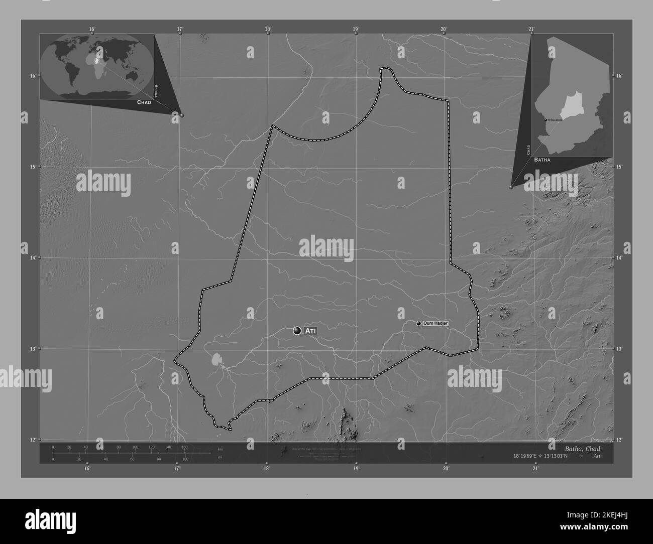 Batha, region of Chad. Bilevel elevation map with lakes and rivers ...