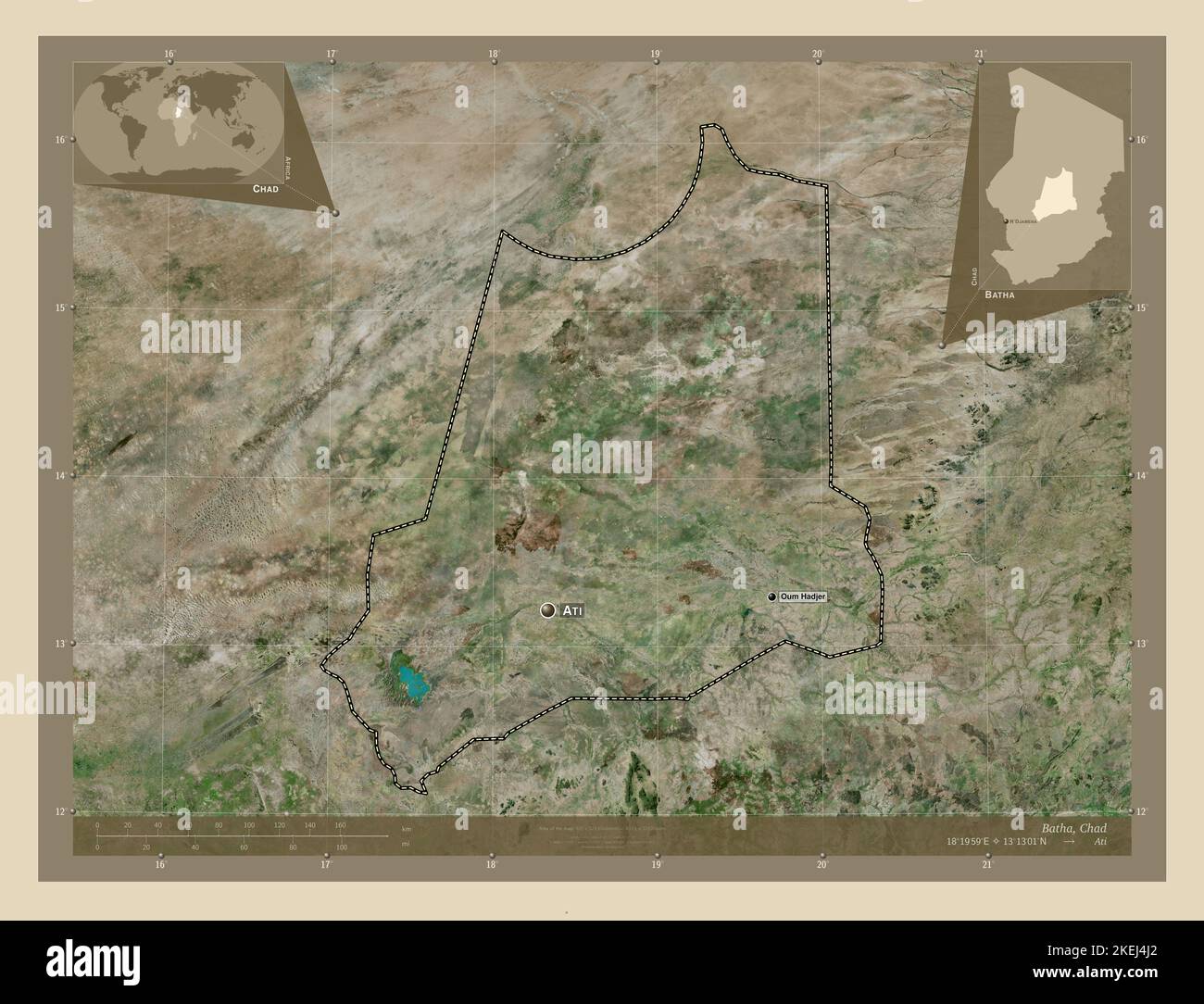Batha, region of Chad. High resolution satellite map. Locations and ...
