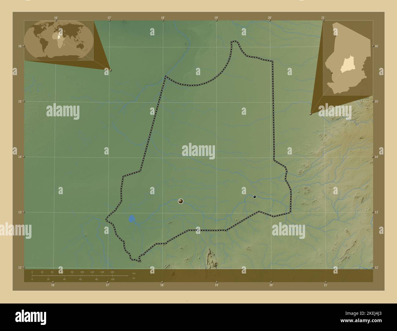 Batha, region of Chad. Colored elevation map with lakes and rivers ...
