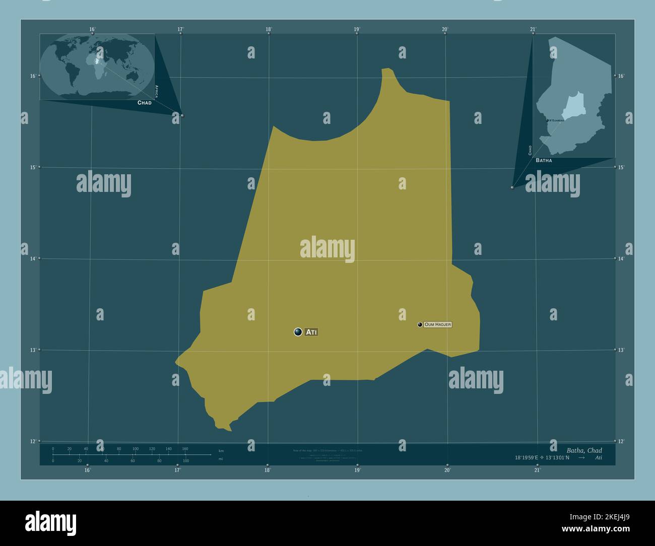Batha, region of Chad. Solid color shape. Locations and names of major ...