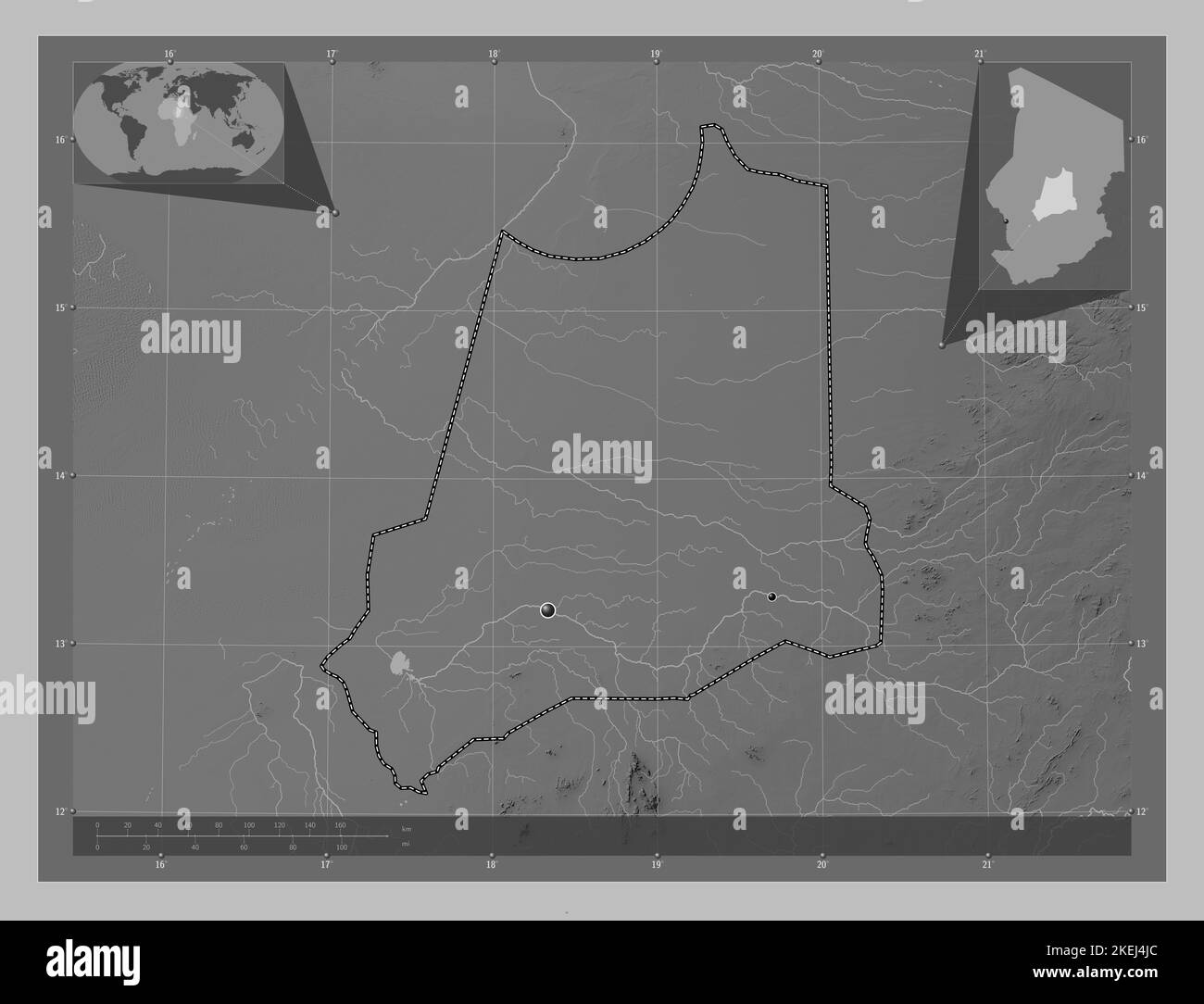 Batha, region of Chad. Grayscale elevation map with lakes and rivers ...