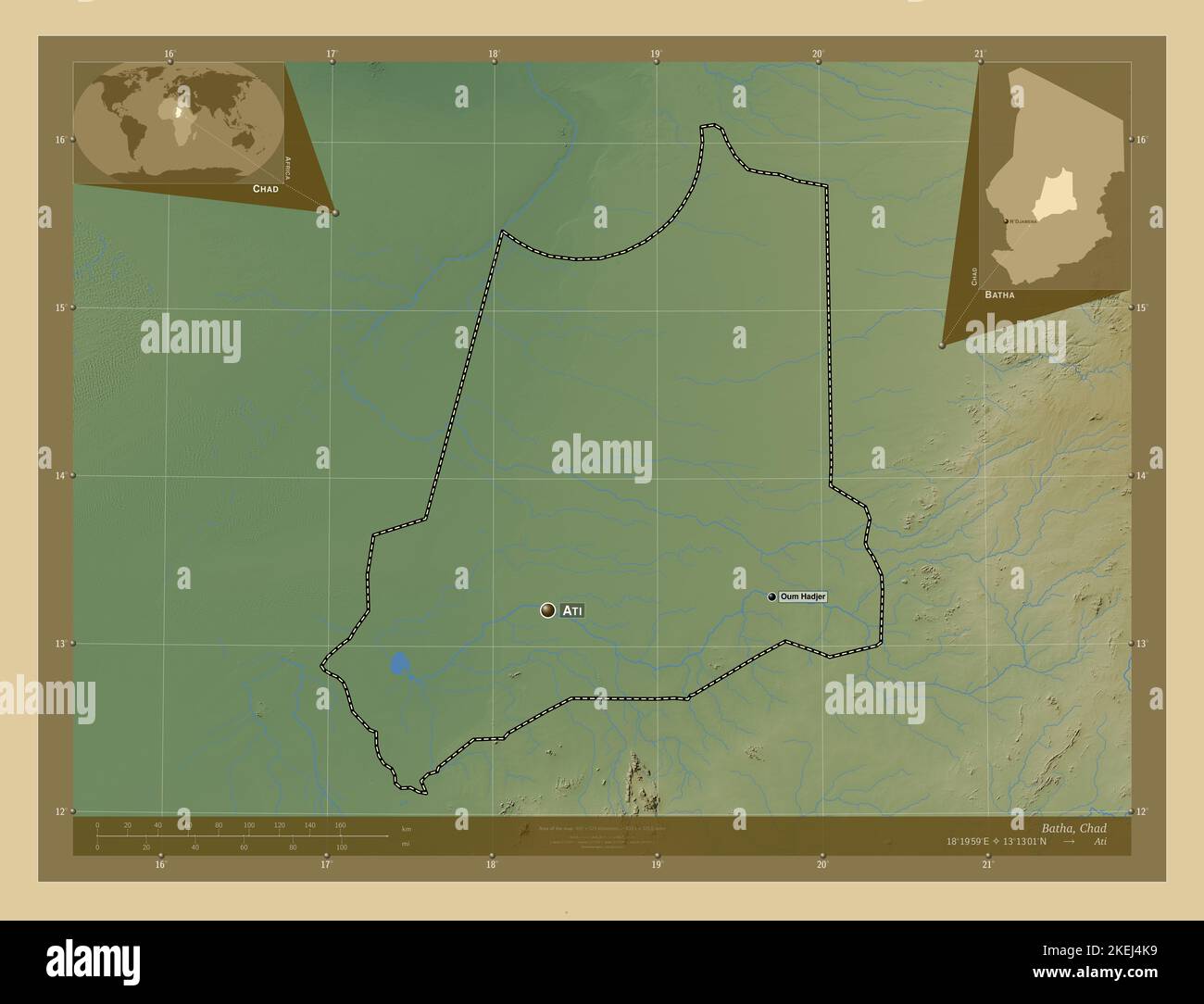 Batha, region of Chad. Colored elevation map with lakes and rivers ...