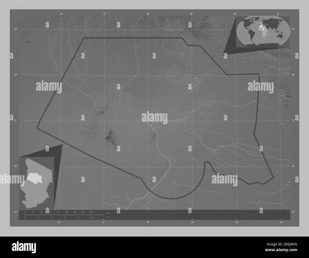 Borkou, region of Chad. Grayscale elevation map with lakes and rivers ...