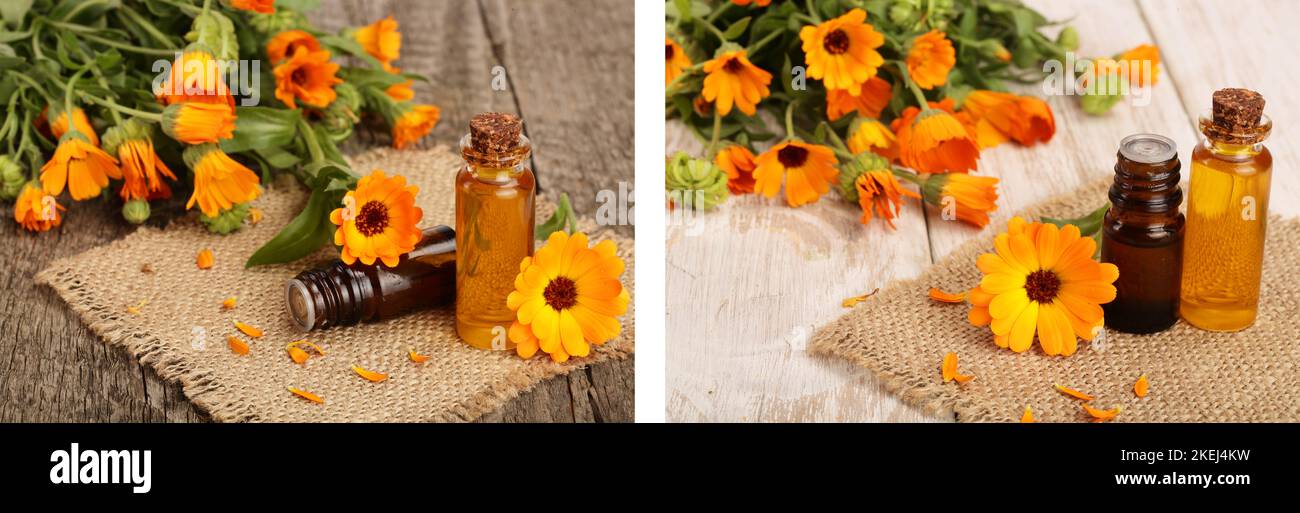 aromatherapy essential oil with fresh marigold flowers on old wooden ...
