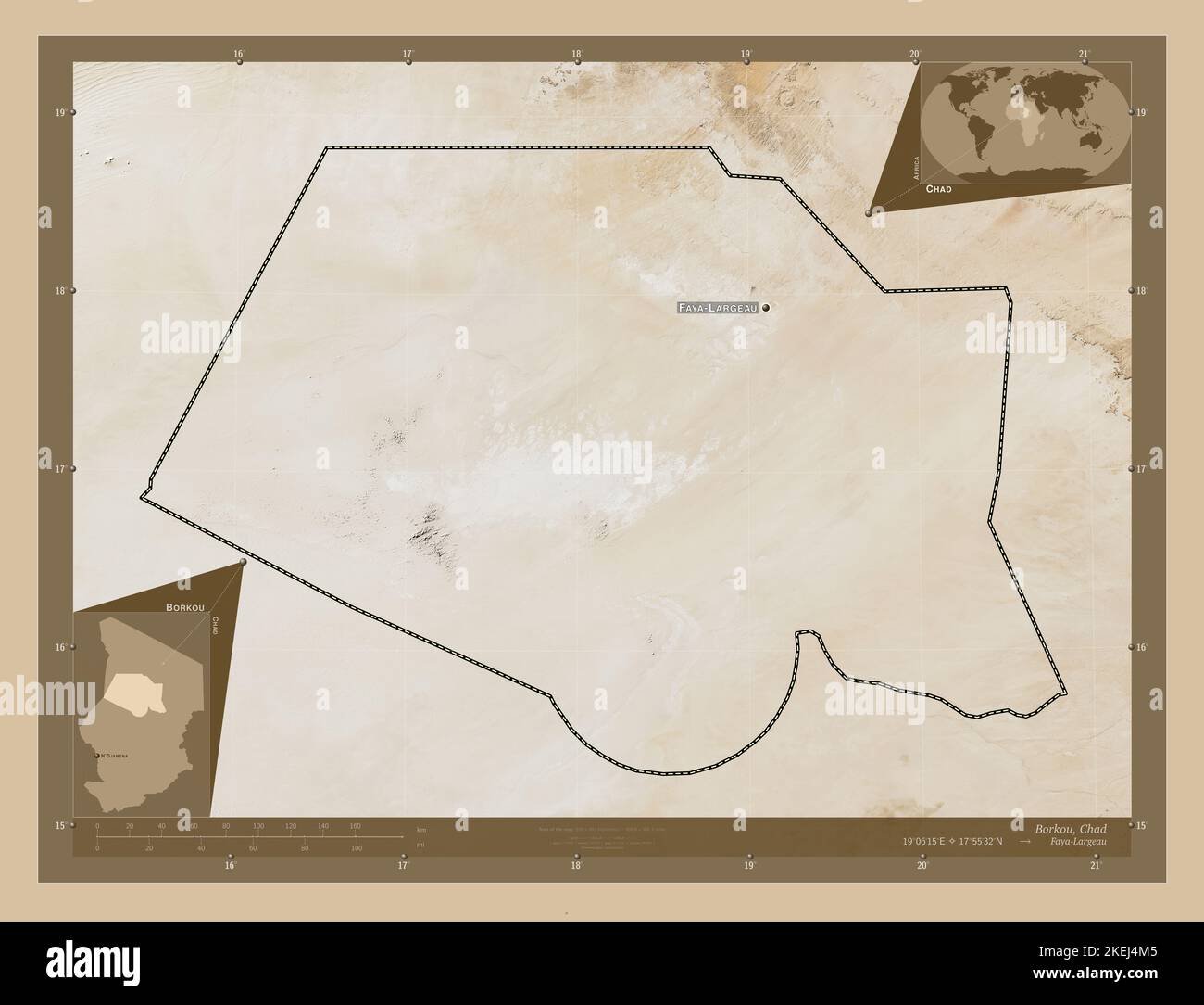 Borkou, region of Chad. Low resolution satellite map. Locations and names of major cities of the ...