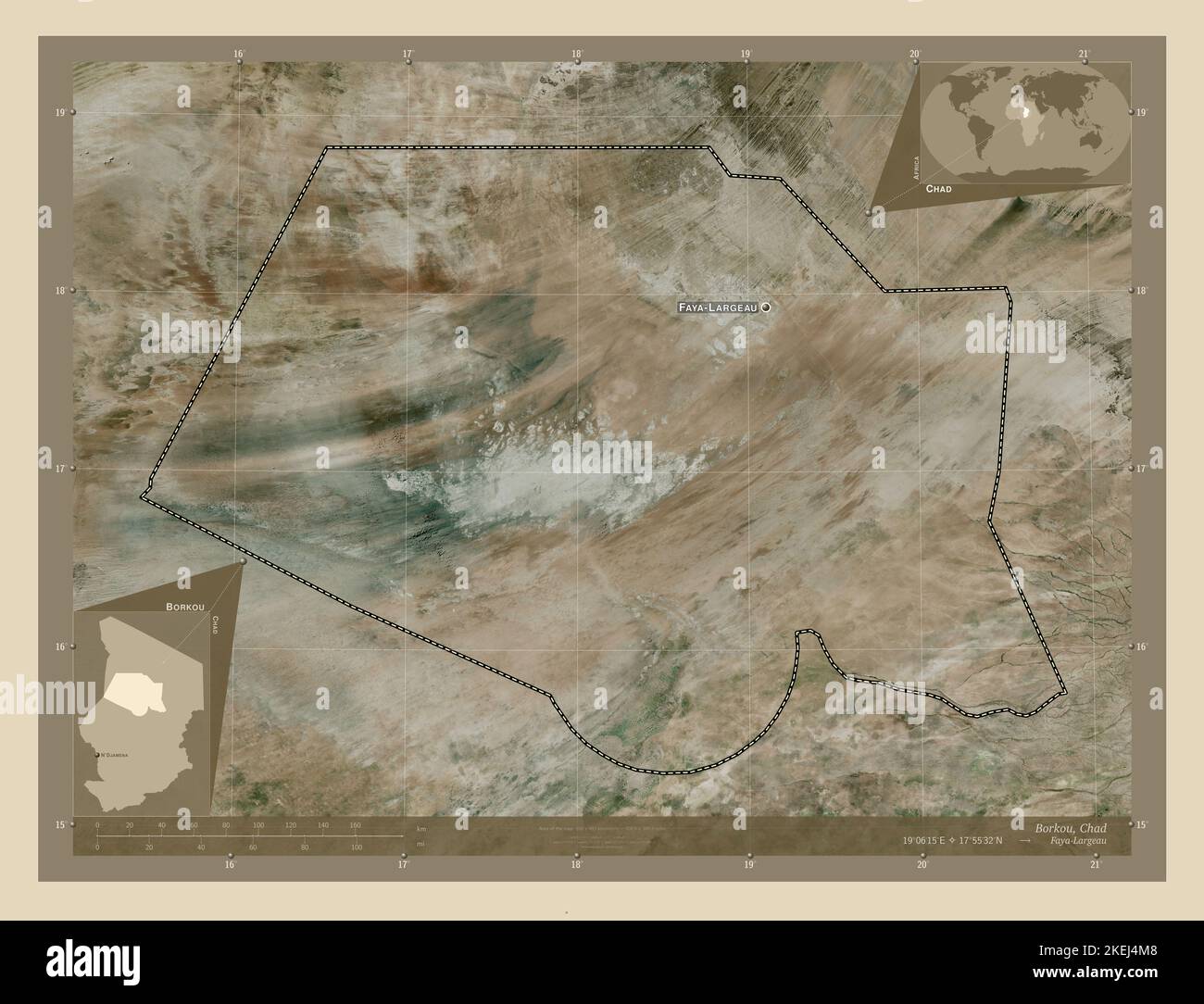 Borkou, region of Chad. High resolution satellite map. Locations and ...
