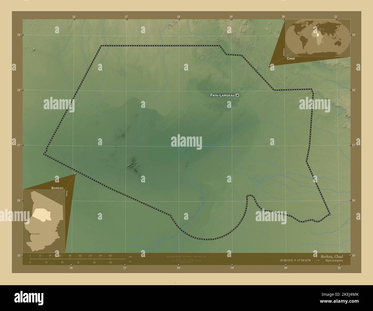 Borkou, region of Chad. Colored elevation map with lakes and rivers ...