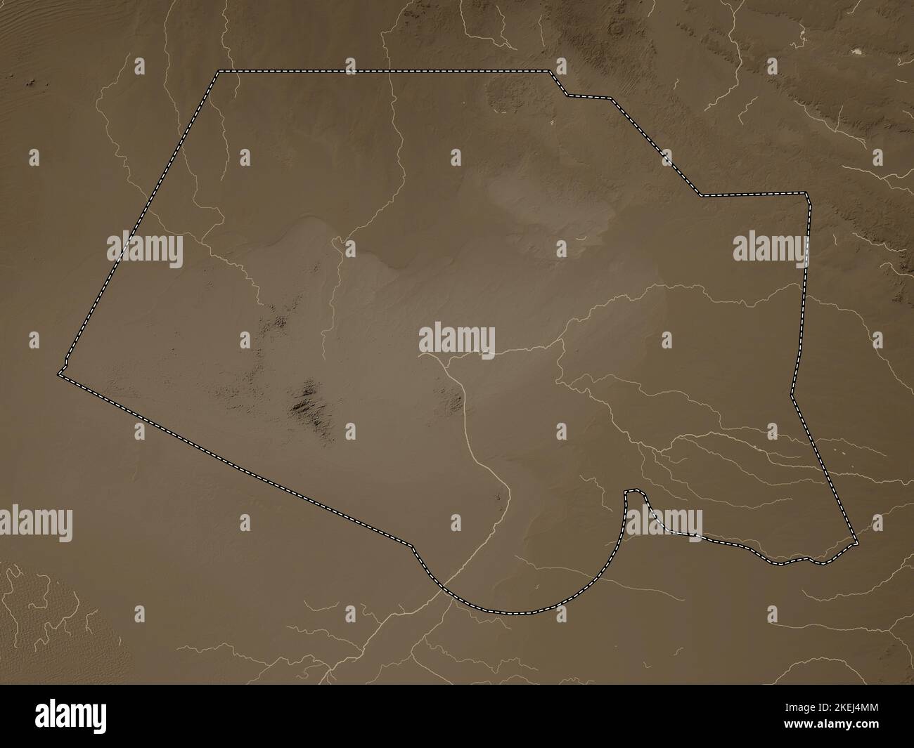 Borkou, region of Chad. Elevation map colored in sepia tones with lakes ...