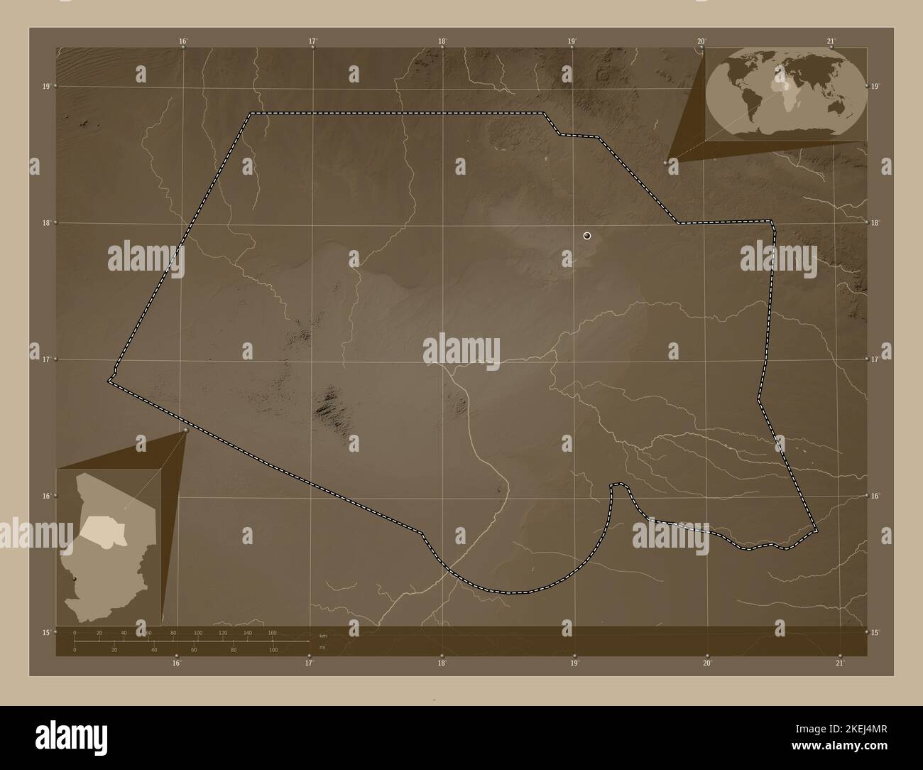Borkou, region of Chad. Elevation map colored in sepia tones with lakes ...