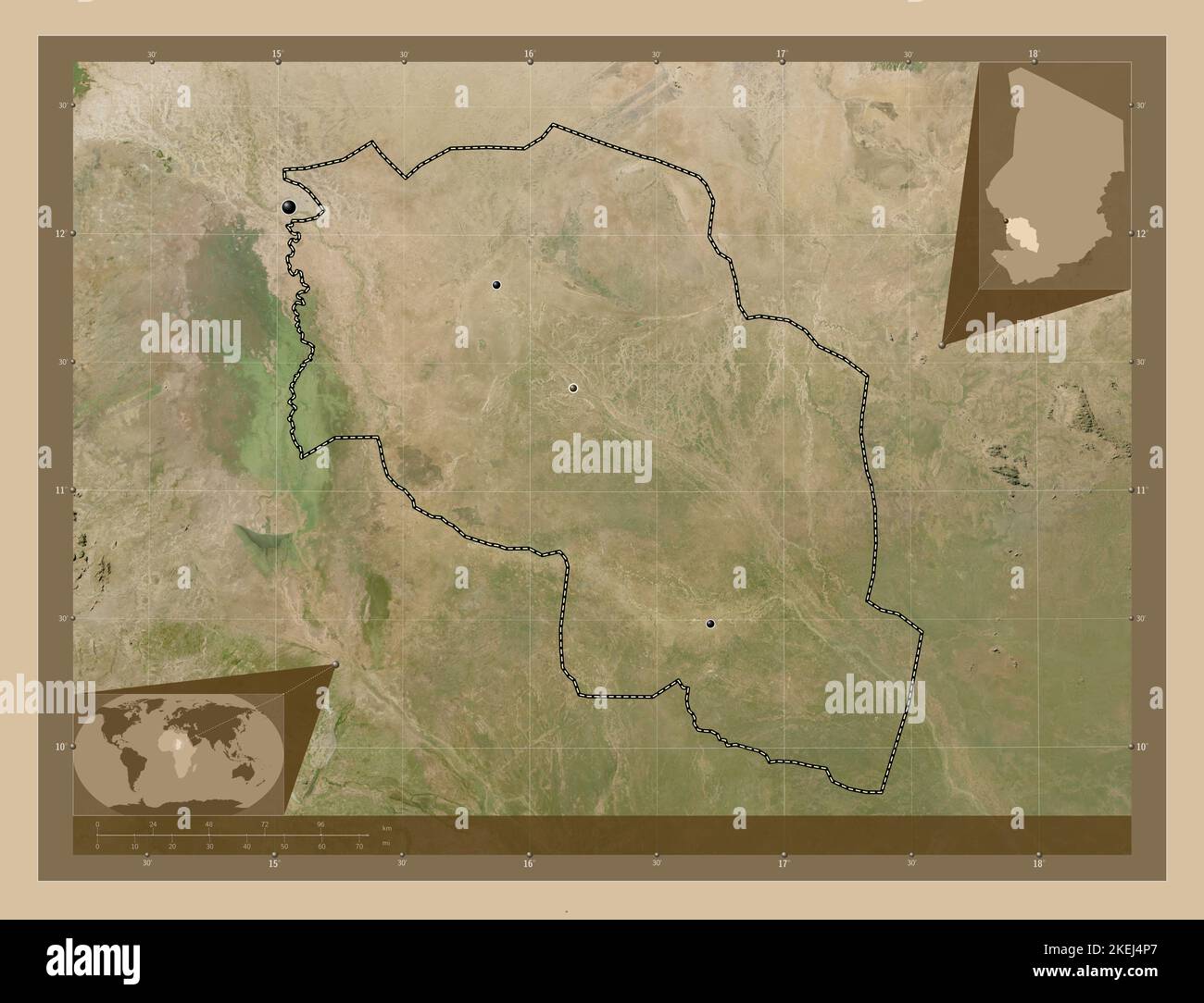 Chari-Baguirmi, region of Chad. Low resolution satellite map. Locations ...