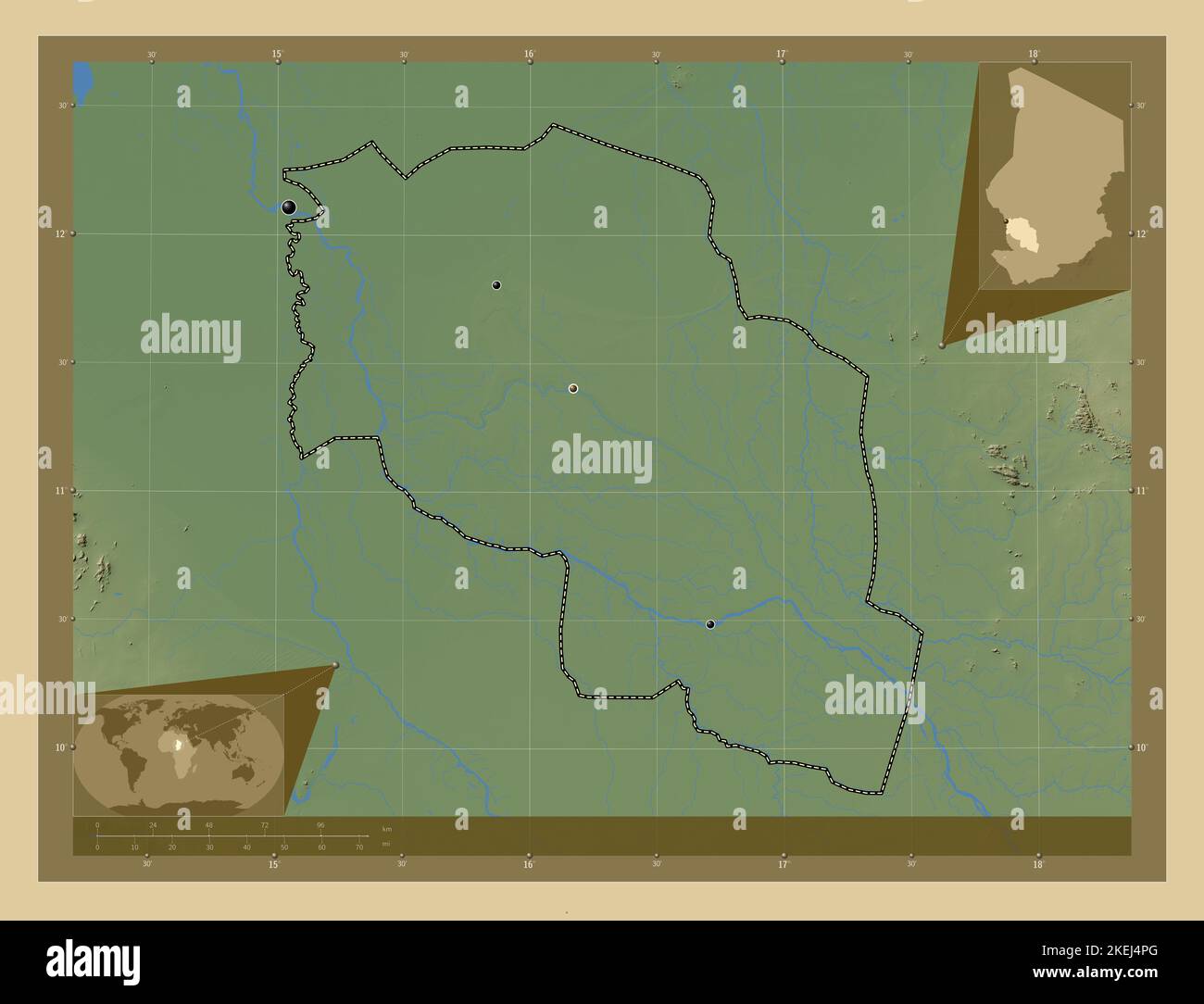 Chari-Baguirmi, region of Chad. Colored elevation map with lakes and ...