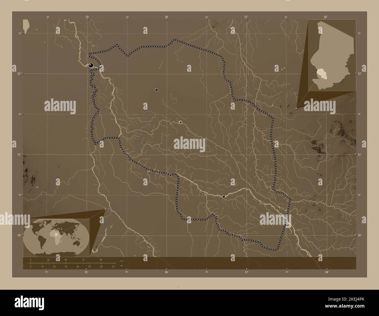 Chari-Baguirmi, region of Chad. Elevation map colored in sepia tones ...