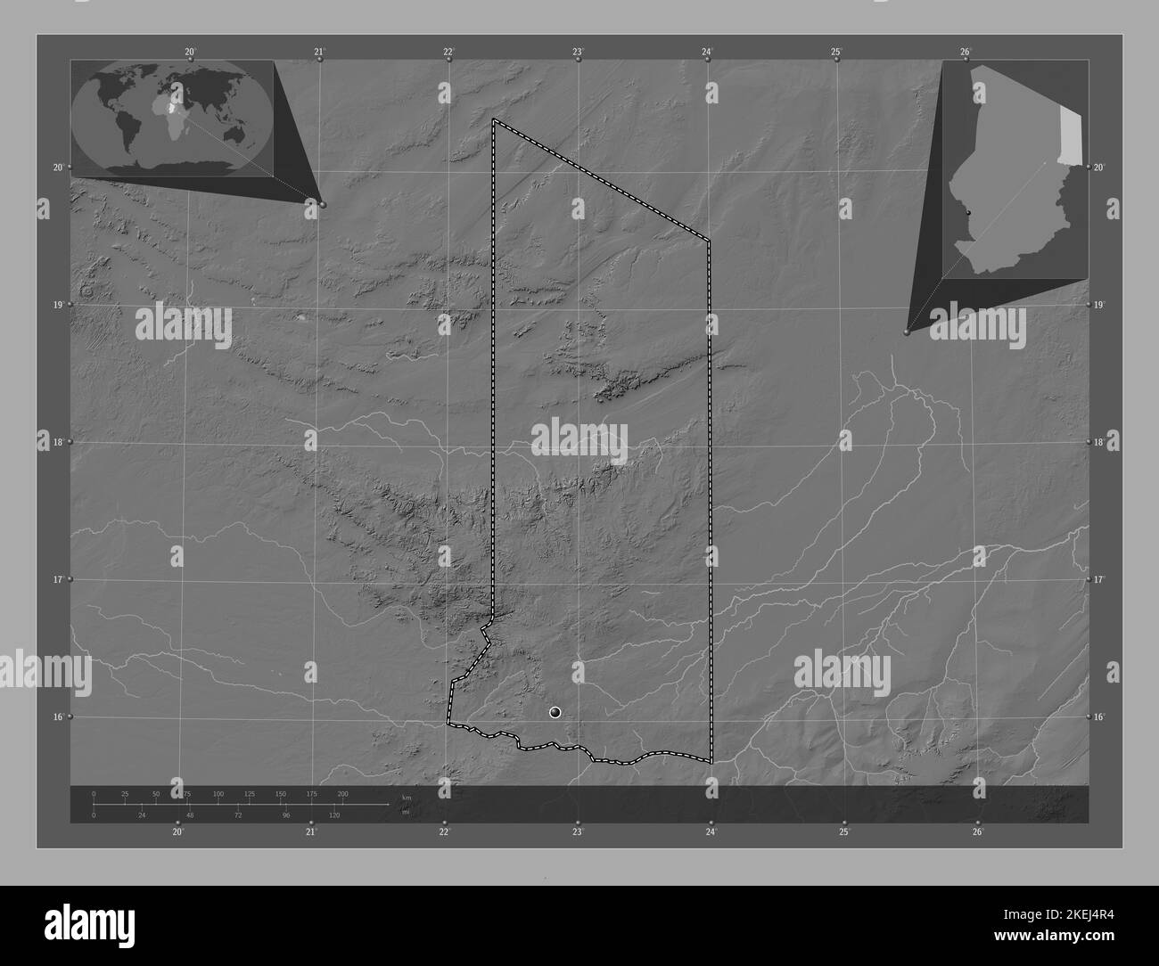 Ennedi Est, region of Chad. Bilevel elevation map with lakes and rivers ...