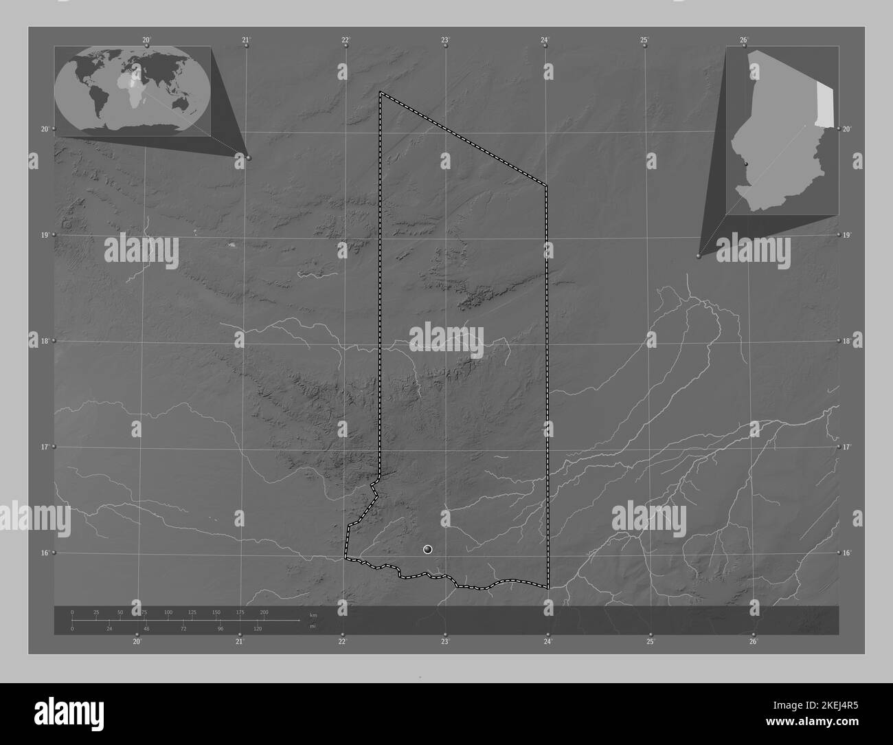 Ennedi Est, region of Chad. Grayscale elevation map with lakes and ...