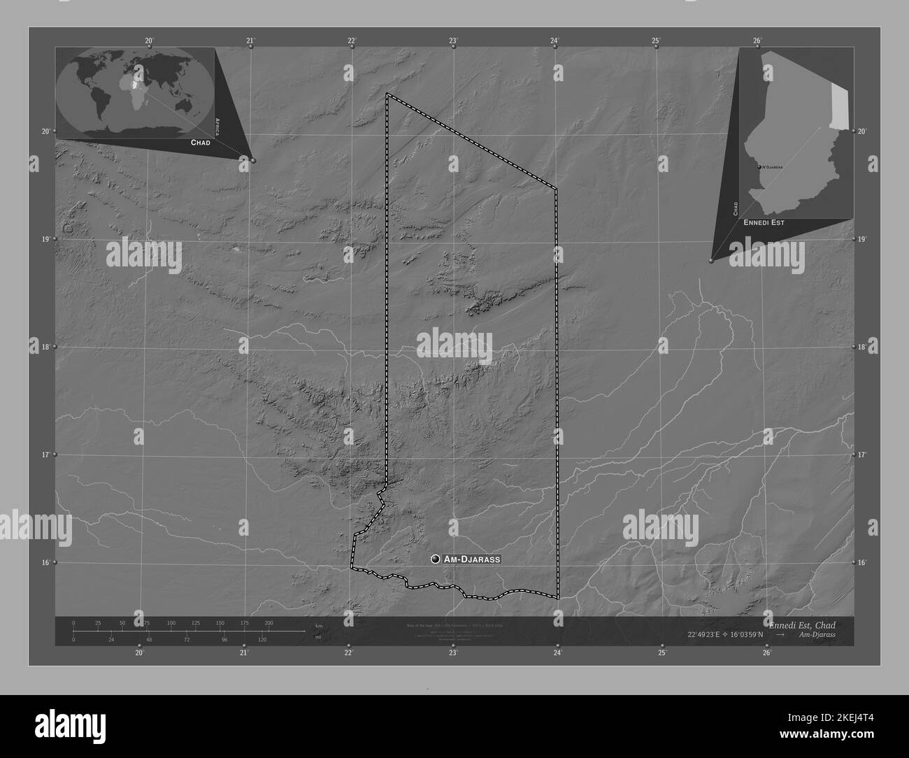Ennedi Est, region of Chad. Bilevel elevation map with lakes and rivers ...